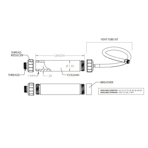 Luneta 12" Long Tritan Column, Level Rings, 1" NPT threads and Breather ...